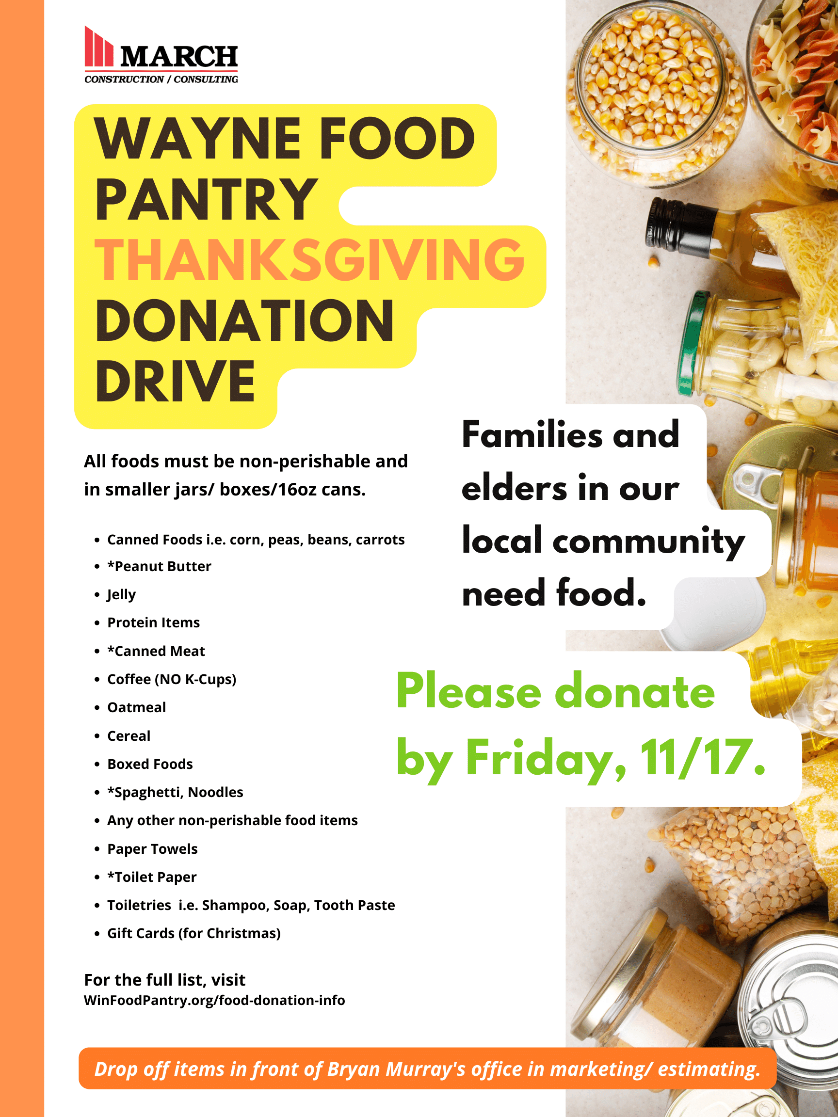 Thanksgiving Food Drive for WIN Food Pantry - March Associates Construction